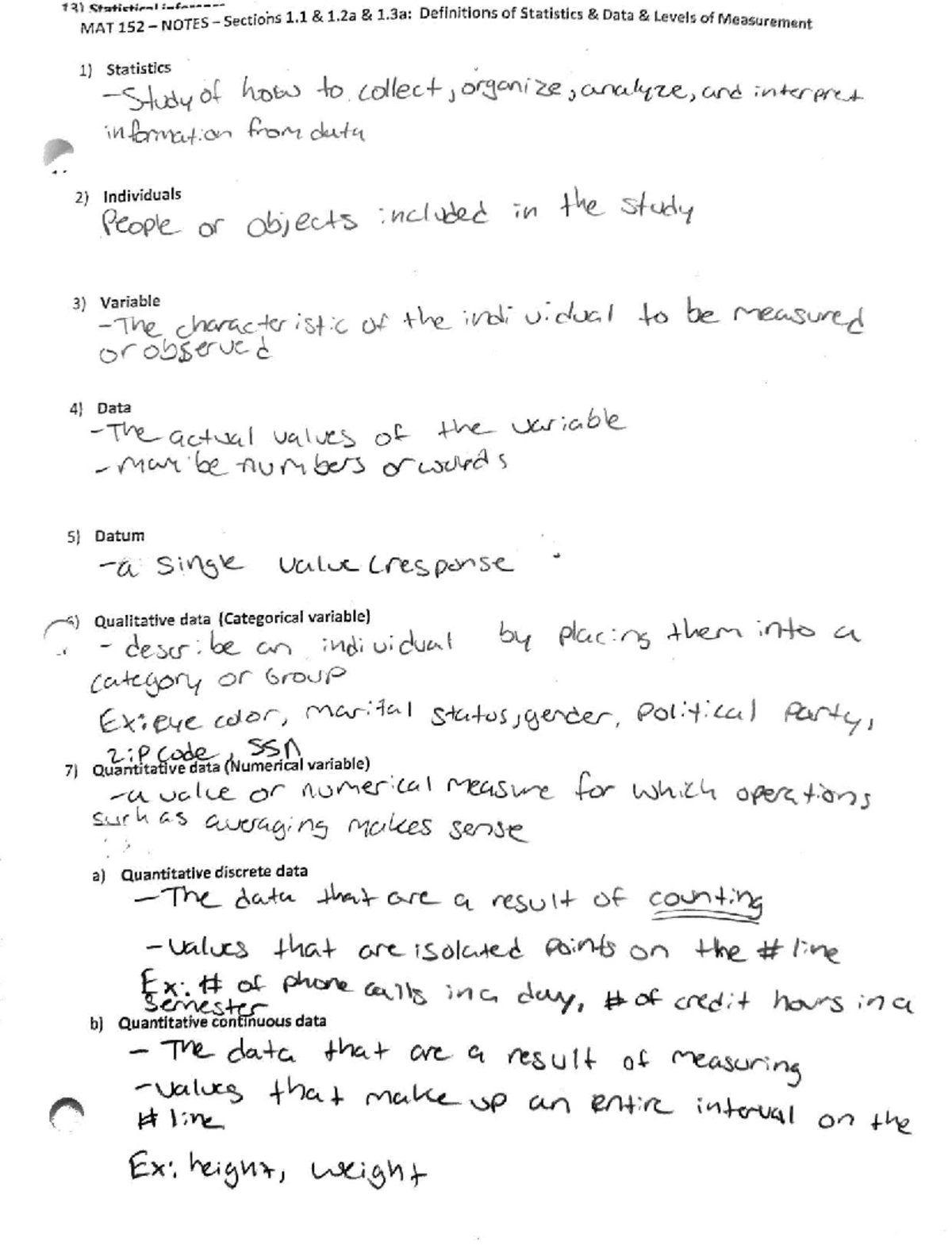 MAT 152 Final Exam Notes: Statistics, Data Types & Measurement Levels ...