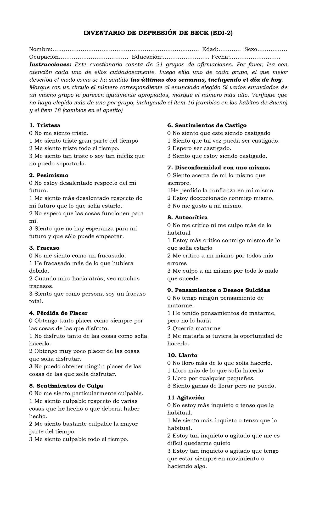 Inventario DE Depresión DE BECK - PDF - INVENTARIO DE DEPRESIÓN DE BECK ...