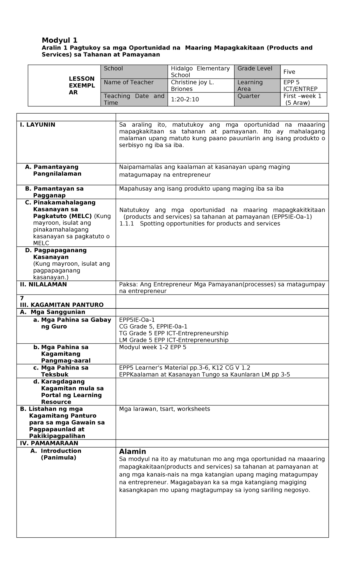 EPP 5 Quarter 1 Lesson Exemplars: Pagtukoy sa Oportunidad at Serbisyo ...