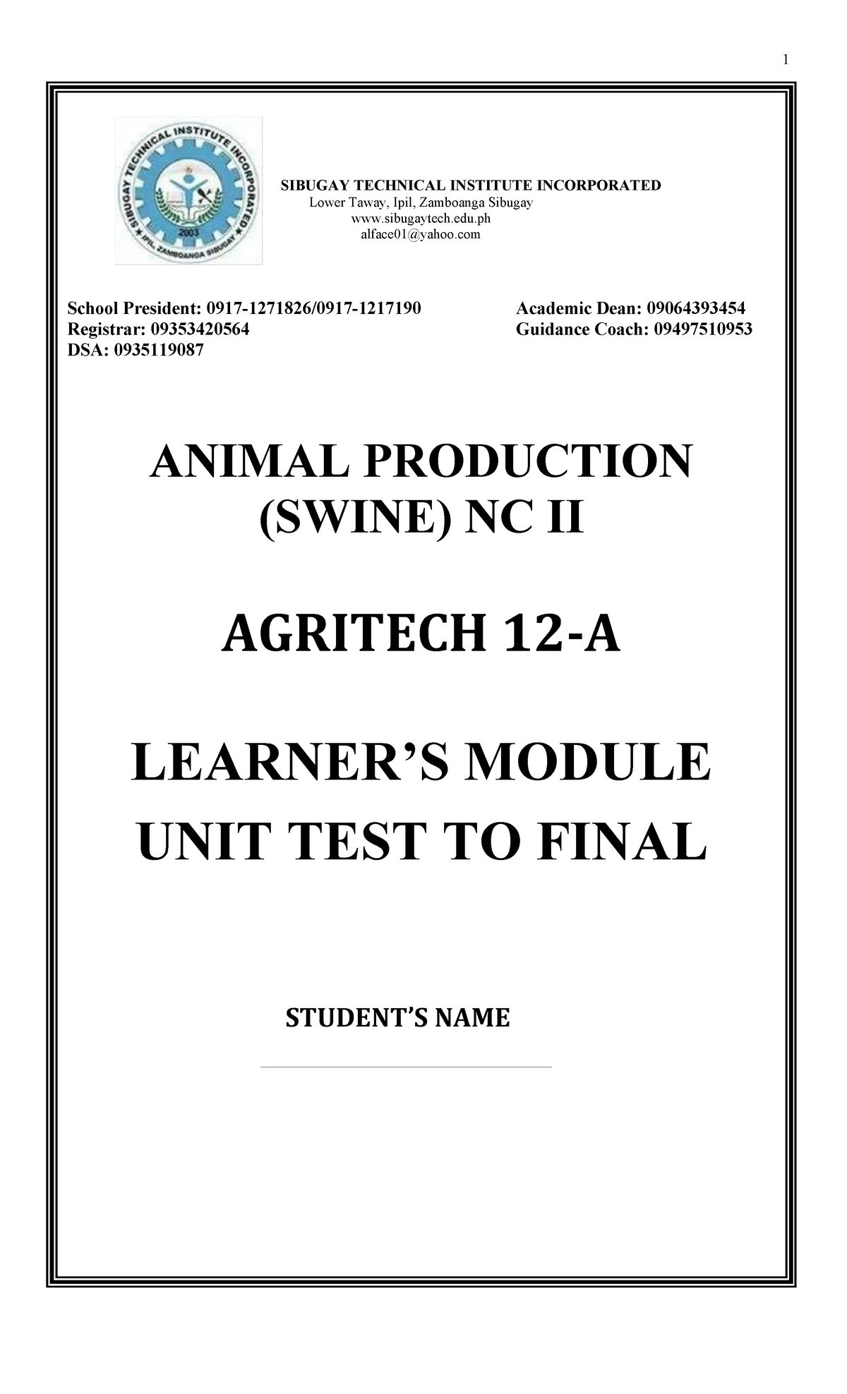 Animal Production (SWINE) NC II: Comprehensive Module & Unit Test Guide ...