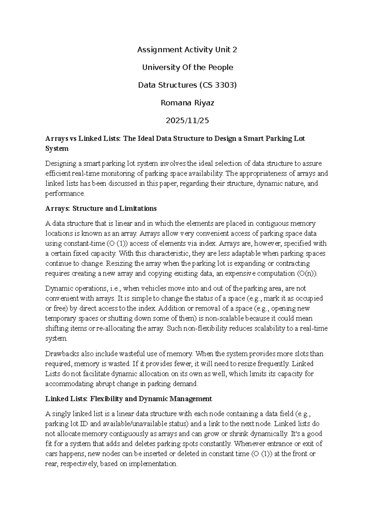 Assignment Activity Unit 2 - CS 3303: Arrays vs Linked Lists in Smart ...