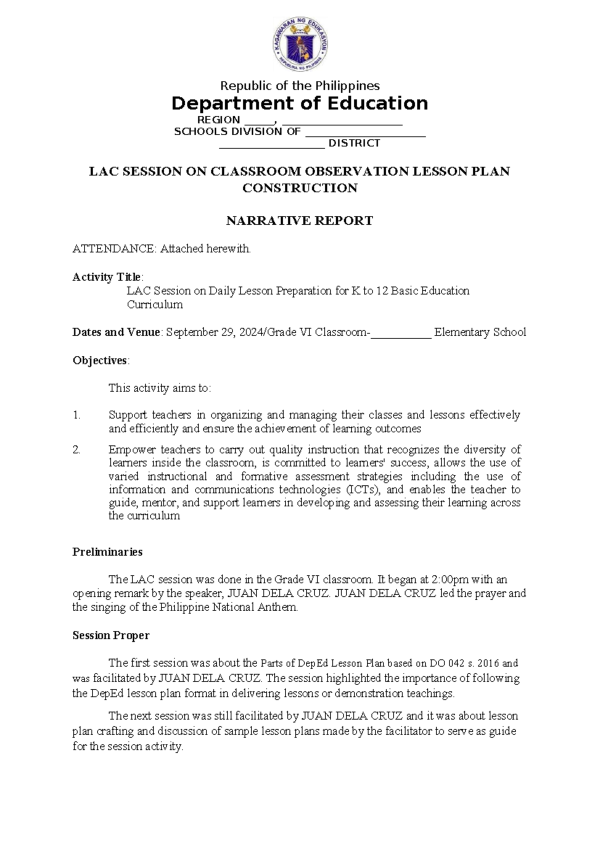LAC Session Report on Classroom Observation & Lesson Plan (LAC ACR ...