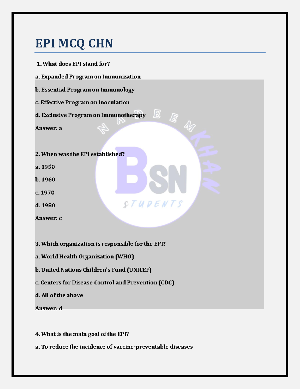 CHN-II EPI MCQ's - Comprehensive Guide to EPI Questions - Studocu