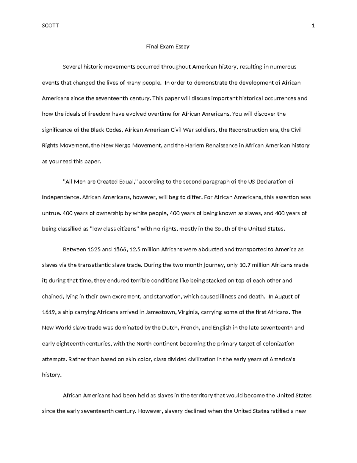 Final Exam: Evolution of Freedom in African American History - Studocu