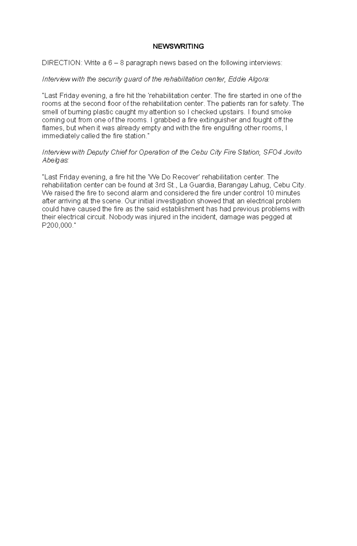 Cebu City Fire Incident Report: News Writing Exercise (158159996) - Studocu