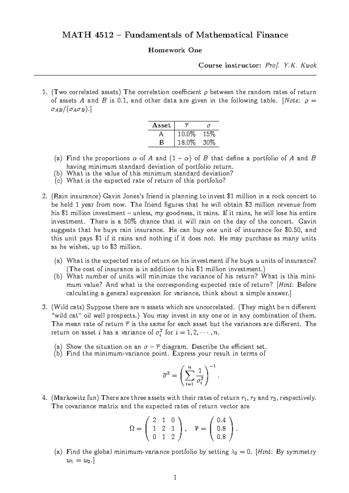 MATH4512 Homework 1 - Concepts in Mathematical Finance - Studocu