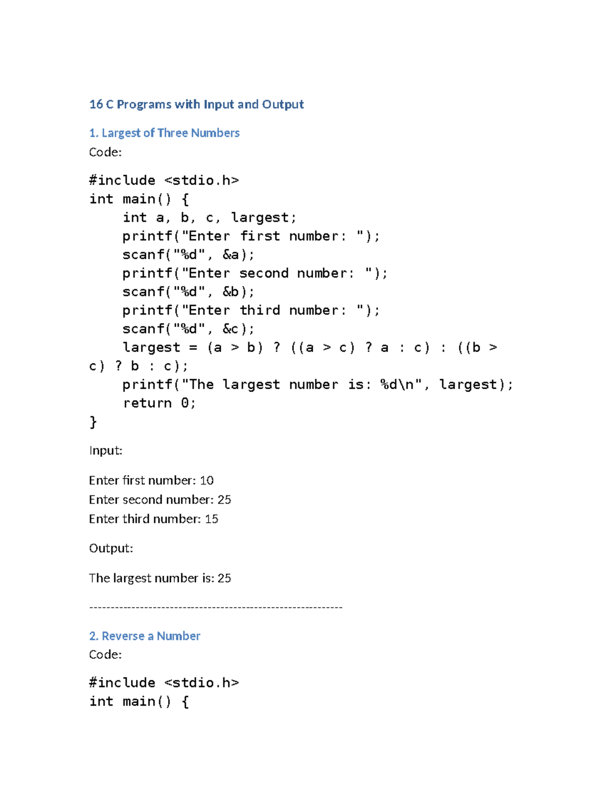 16 C Programs with Input and Output: Comprehensive Guide - Studocu
