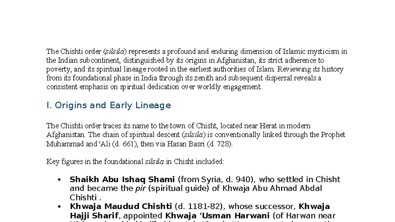 Chishti Order: A Study of Islamic Mysticism in India (HIST 301) - Studocu
