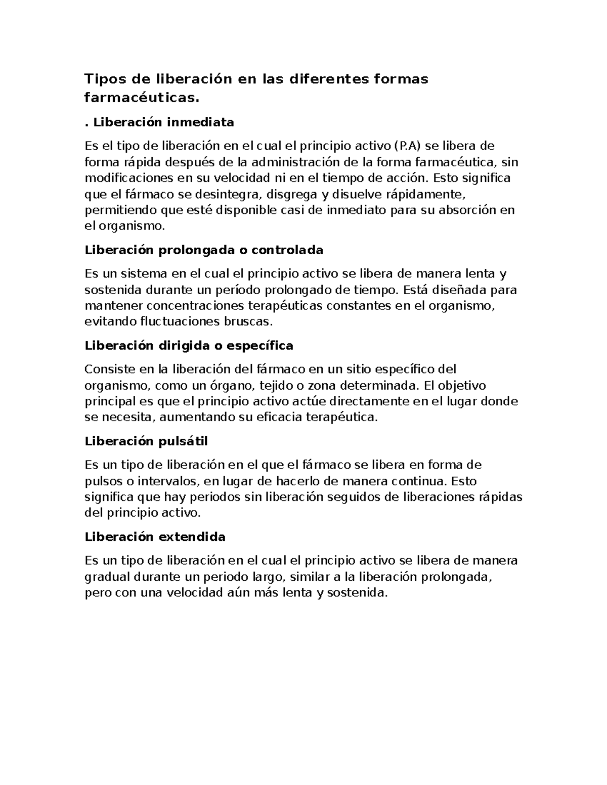 Tipos de liberación de fármacos en formas farmacéuticas - Studocu