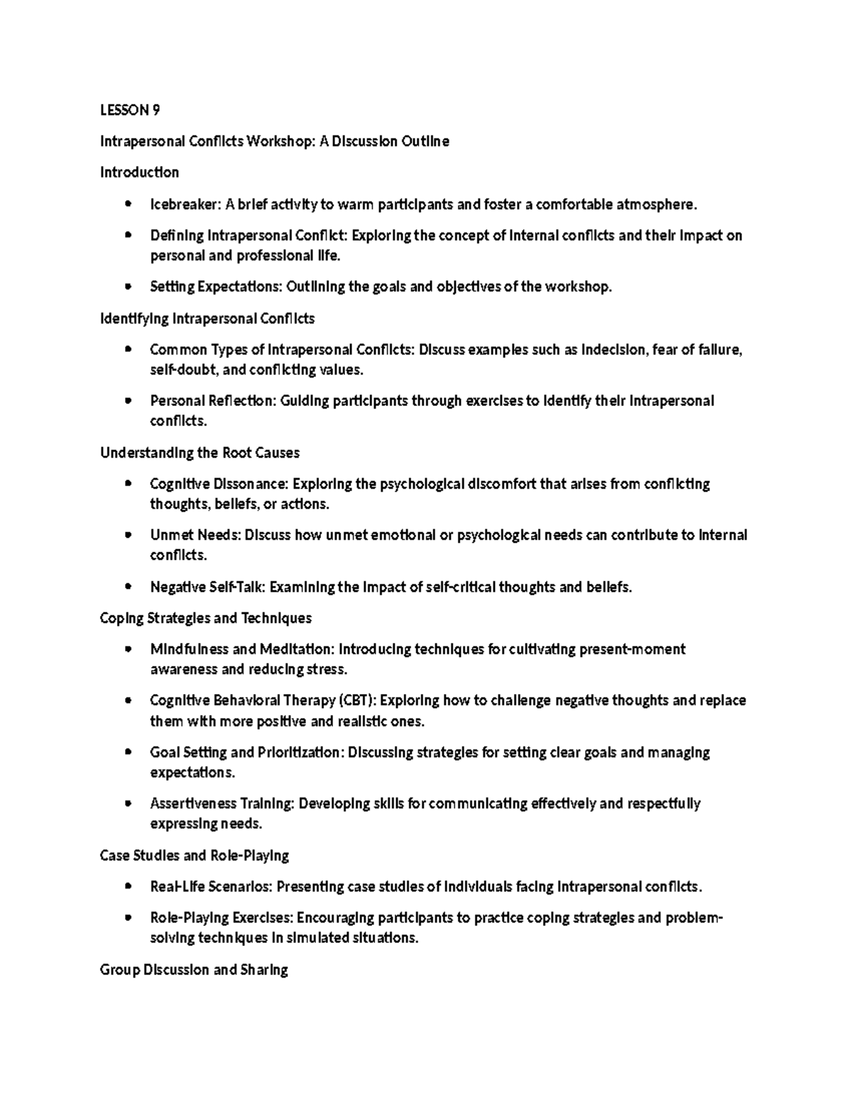 Lesson 9: Intrapersonal Conflicts Workshop Outline and Strategies - Studocu