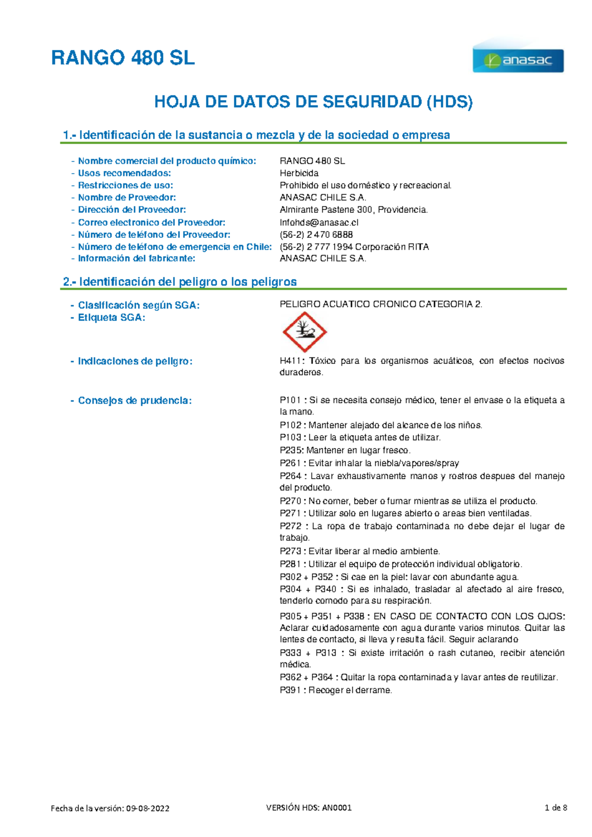 RANGO 480 SL Hoja de Datos de Seguridad (HDS) - 2022 - Studocu