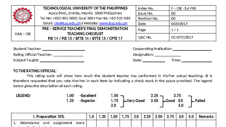 Pre-Service Final Demo Teaching Checklist (PIE 14, PIE 15, BTTE 14 ...