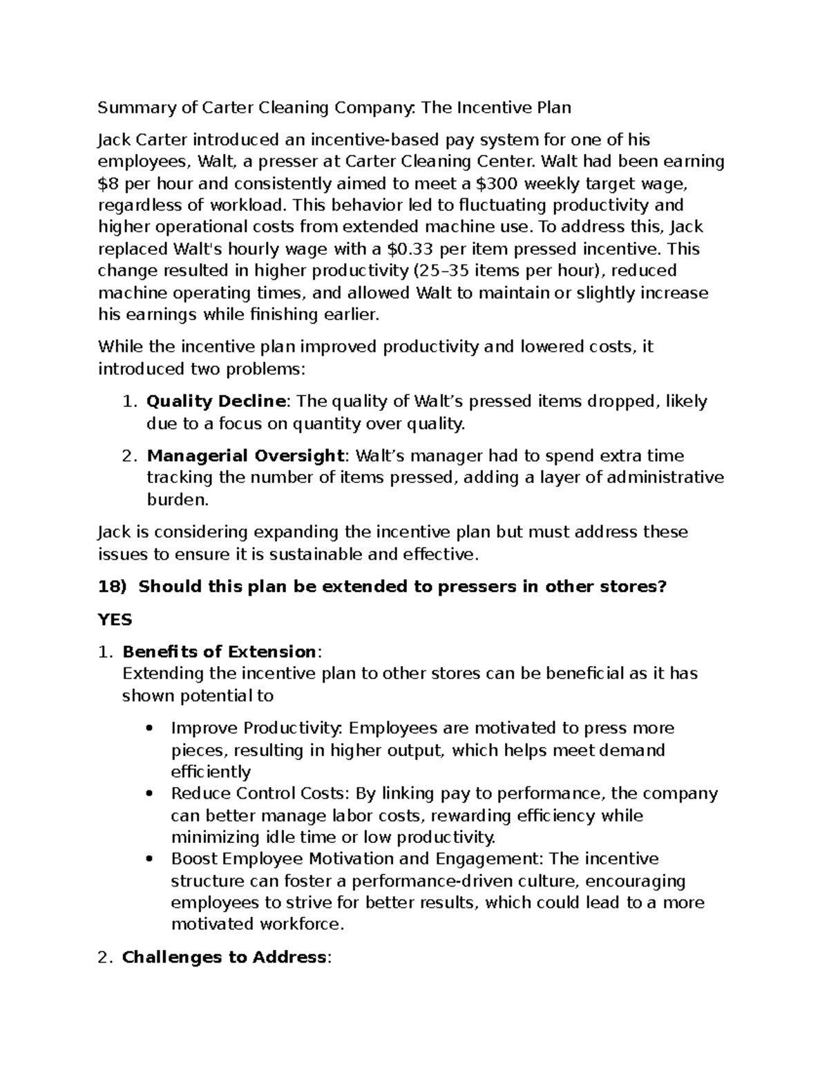 Carter Cleaning Company The Incentive Plan - Walt had been earning $8 ...