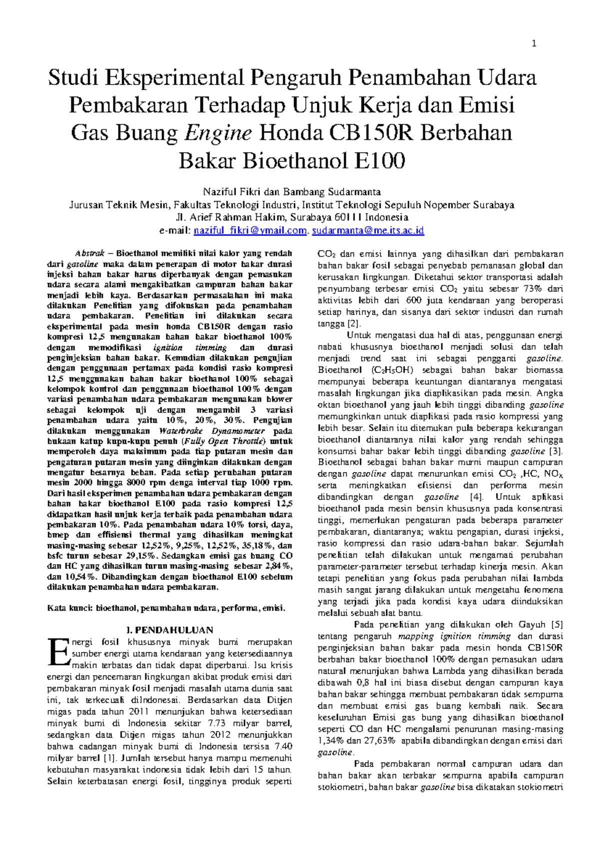 Jurnal Emisi Gas Buang pada Mesin Honda CB150R dengan Bioethanol E100 ...