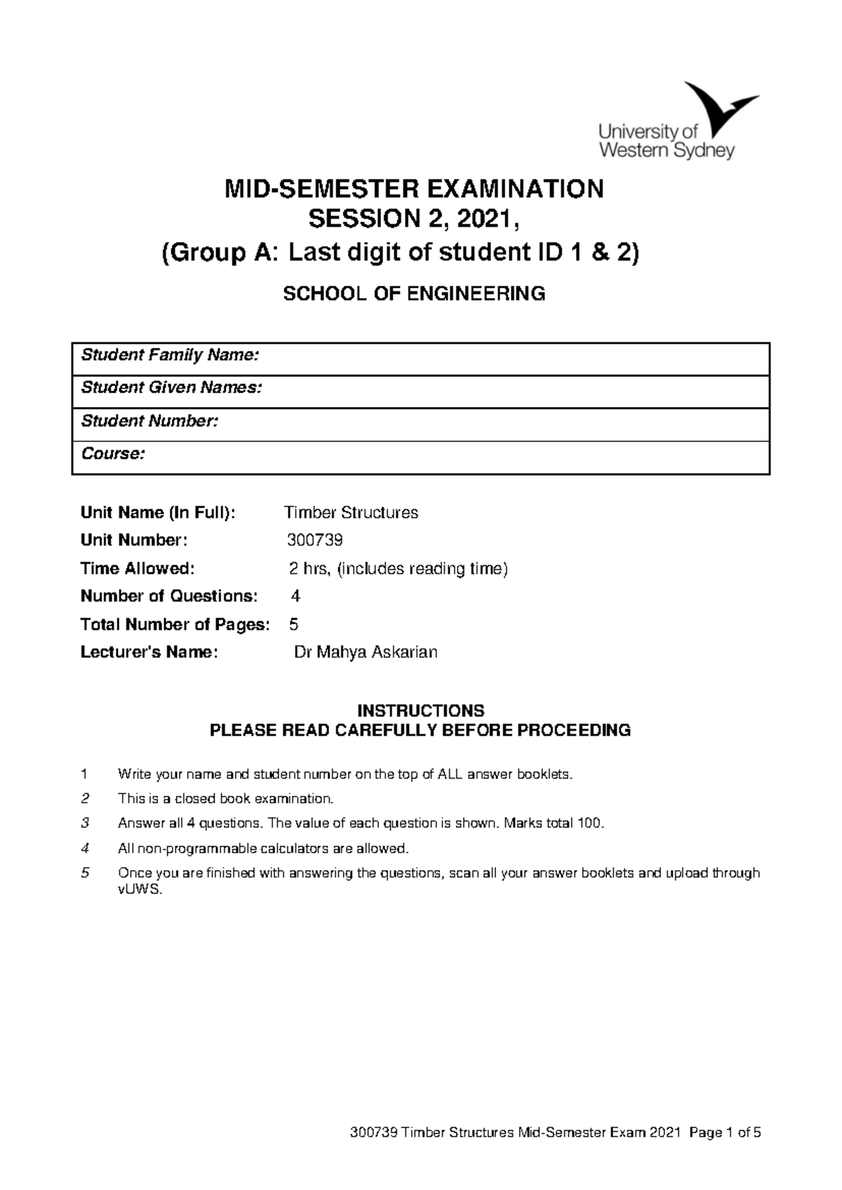 Mid-Semester Exam 300739 Timber Structures Session 2, 2021 Group A ...