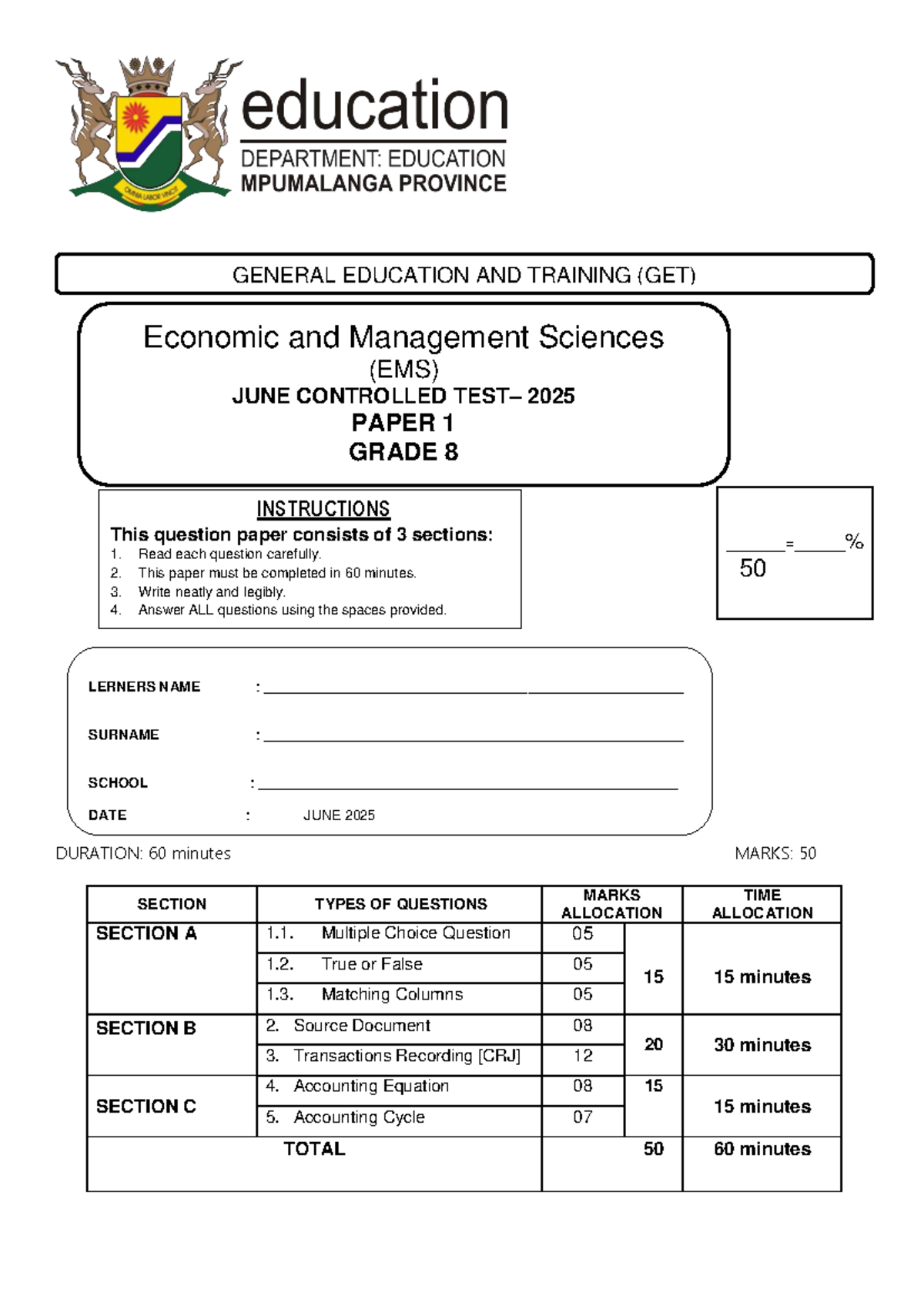 EMS P1 Grade 8 June Controlled Test 2025: Economic & Management ...