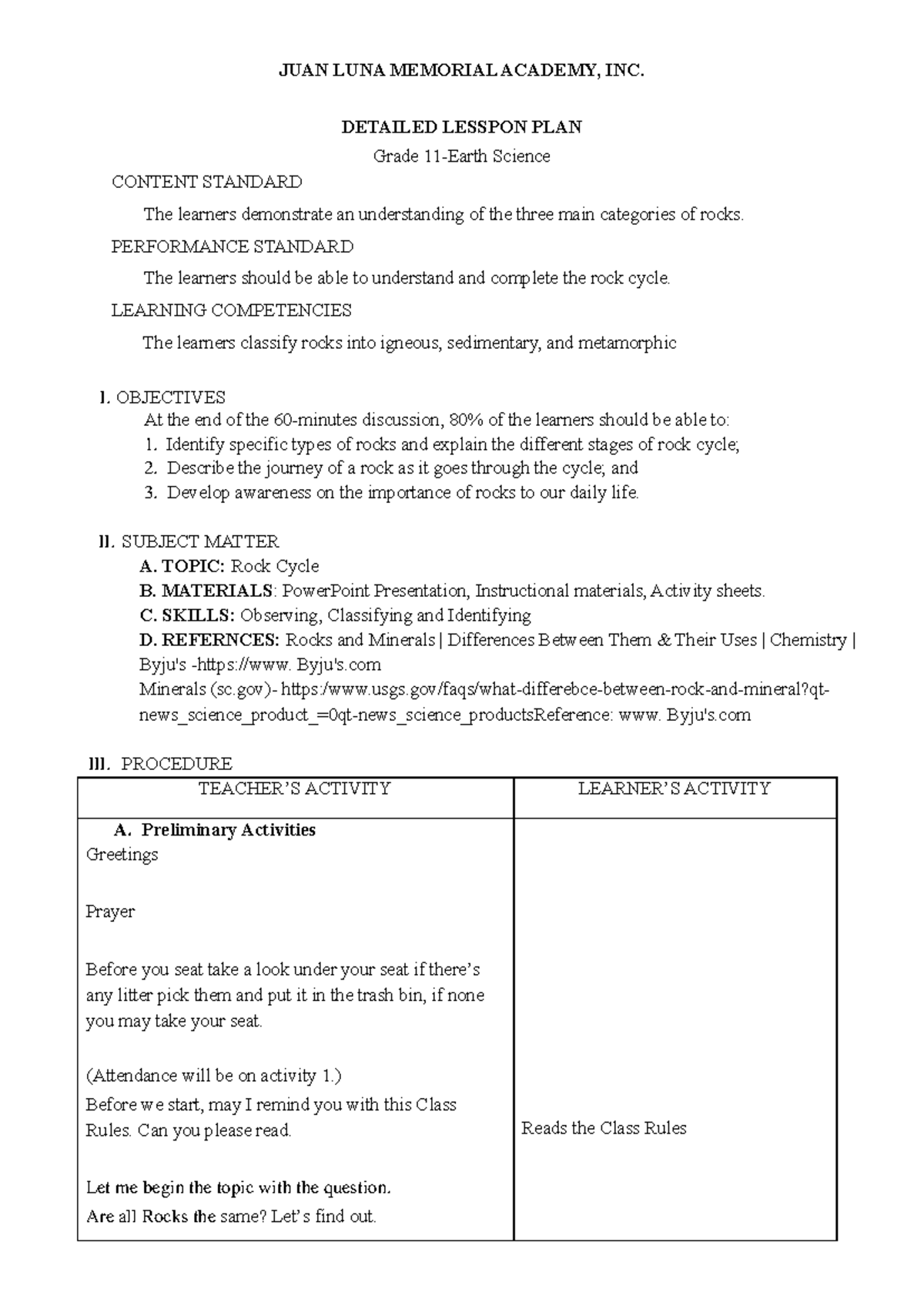 Rock Cycle - Final DLP - Detailed Lesson Plan for Grade 11 Earth ...