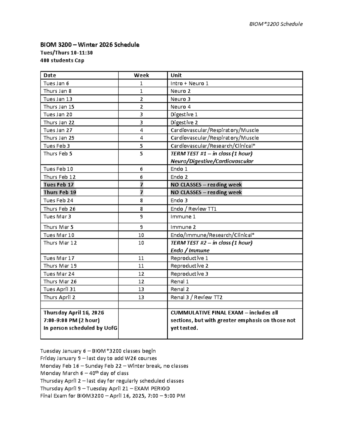 BIOM 3200 Winter 2026 Class Schedule and Exam Dates - Studocu