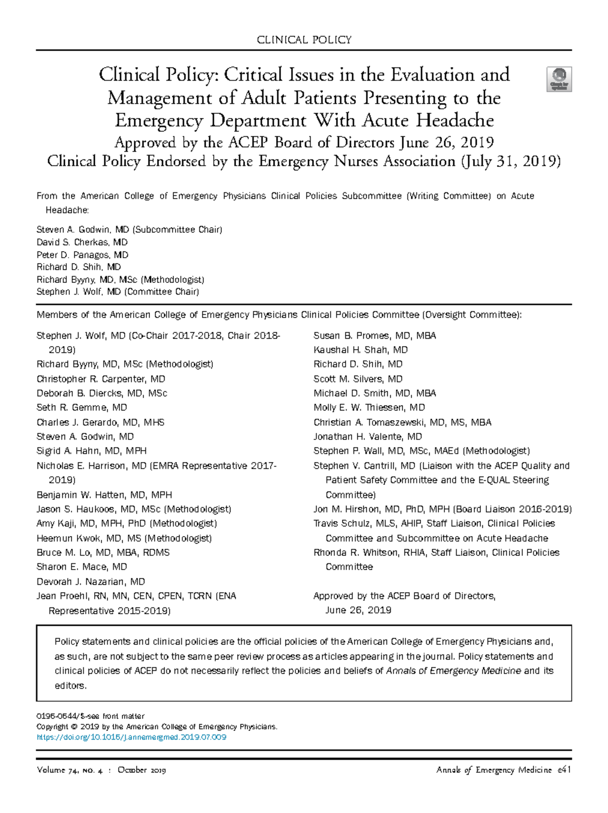 2019 ACEP Clinical Policy: Evaluation & Management of Acute Headache in ...