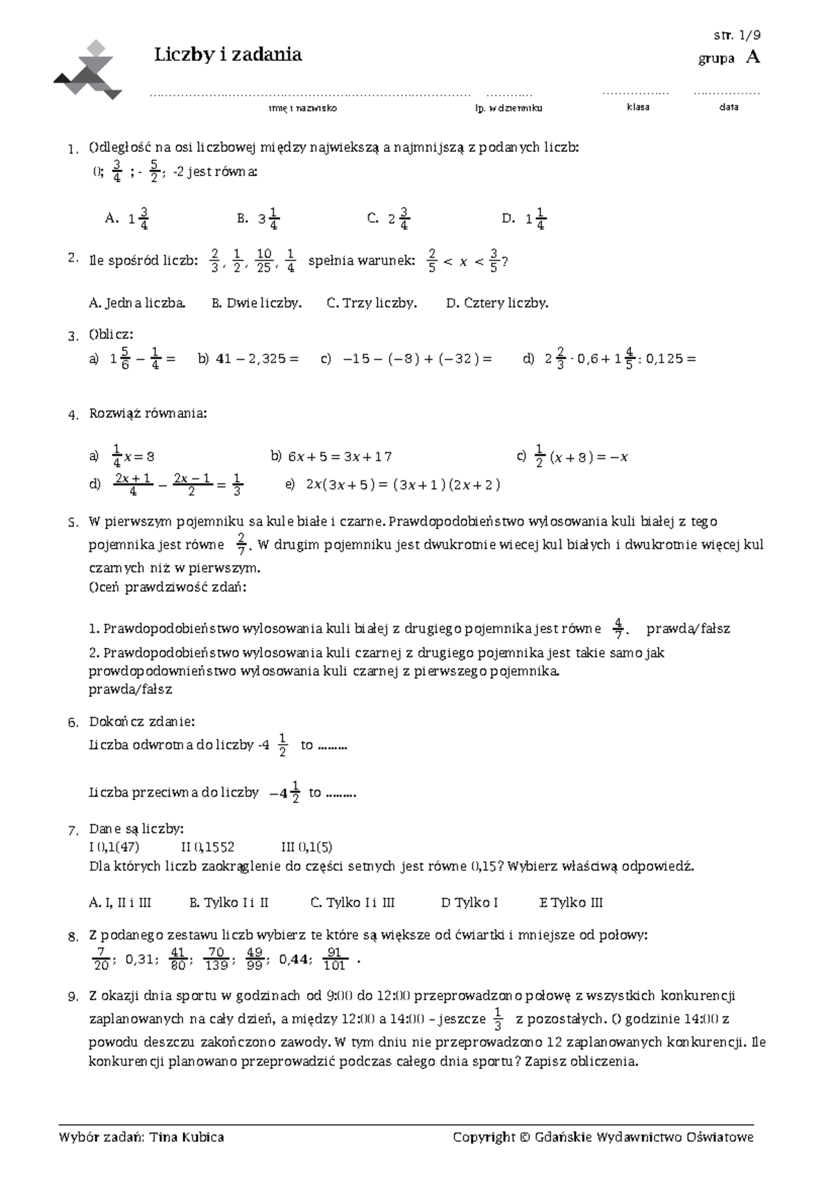 Liczby i działania - Zadania i Obliczenia (106) - Studocu