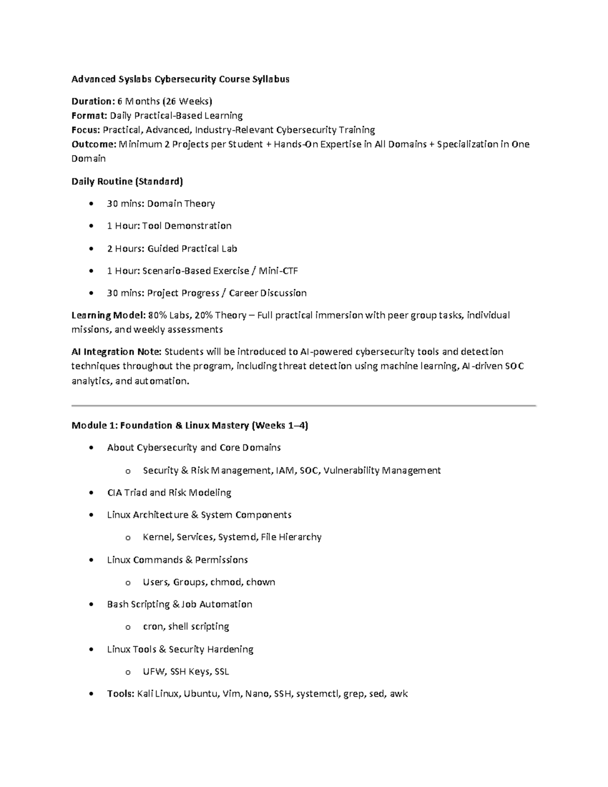 Advanced Syslabs Cybersecurity Course Syllabus (6 Months) - Studocu