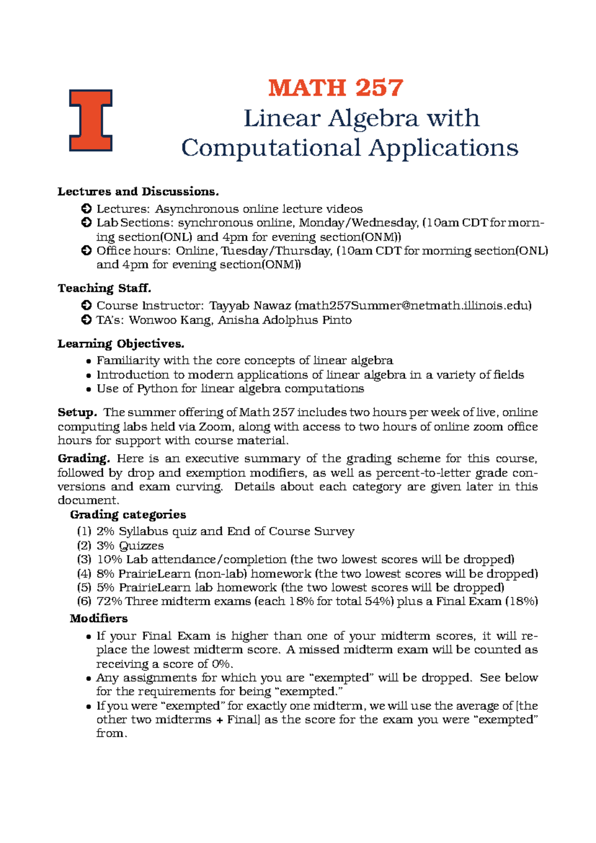 MATH 257 Linear Algebra with Computational Applications Syllabus ...