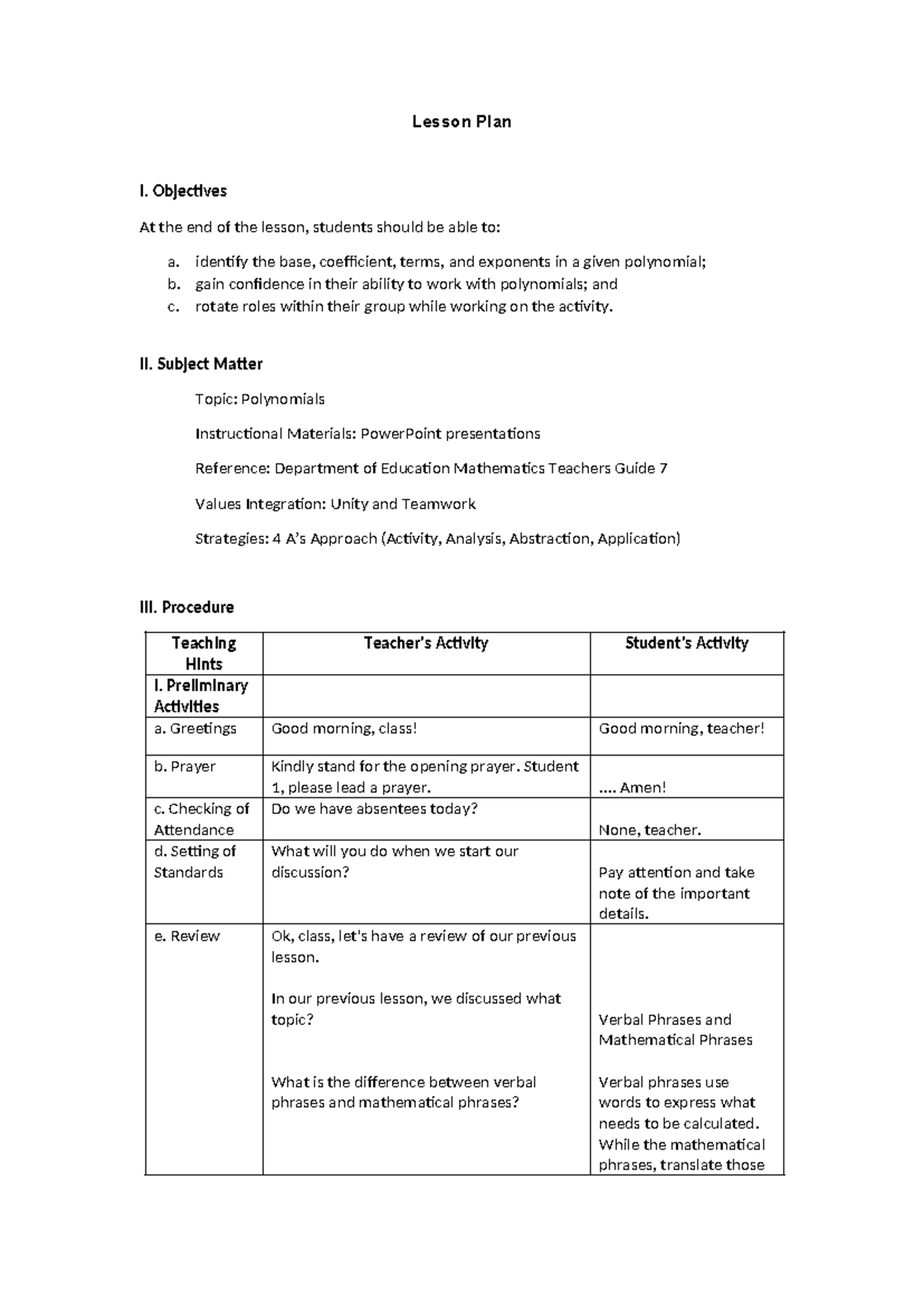 4 A’s Approach - Lesson Plan for Understanding Polynomials - Studocu