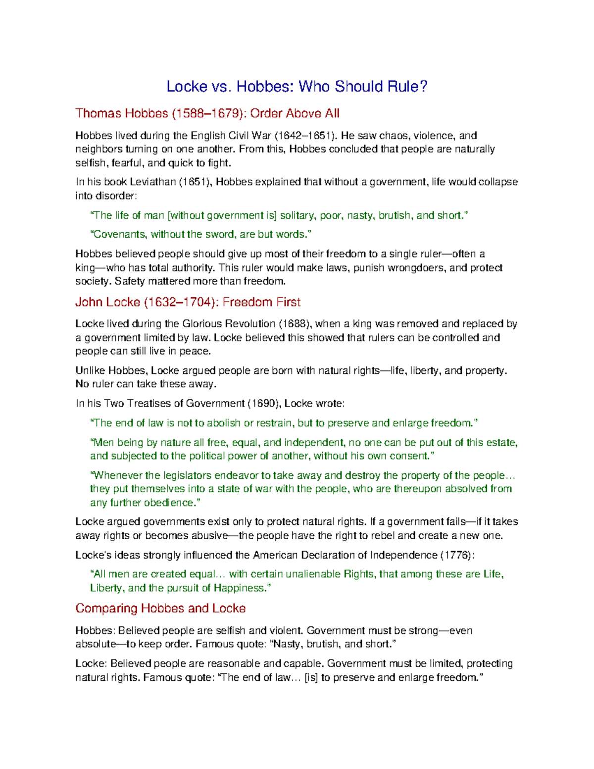 Locke vs. Hobbes: A Socratic Seminar Handout on Governance - Studocu