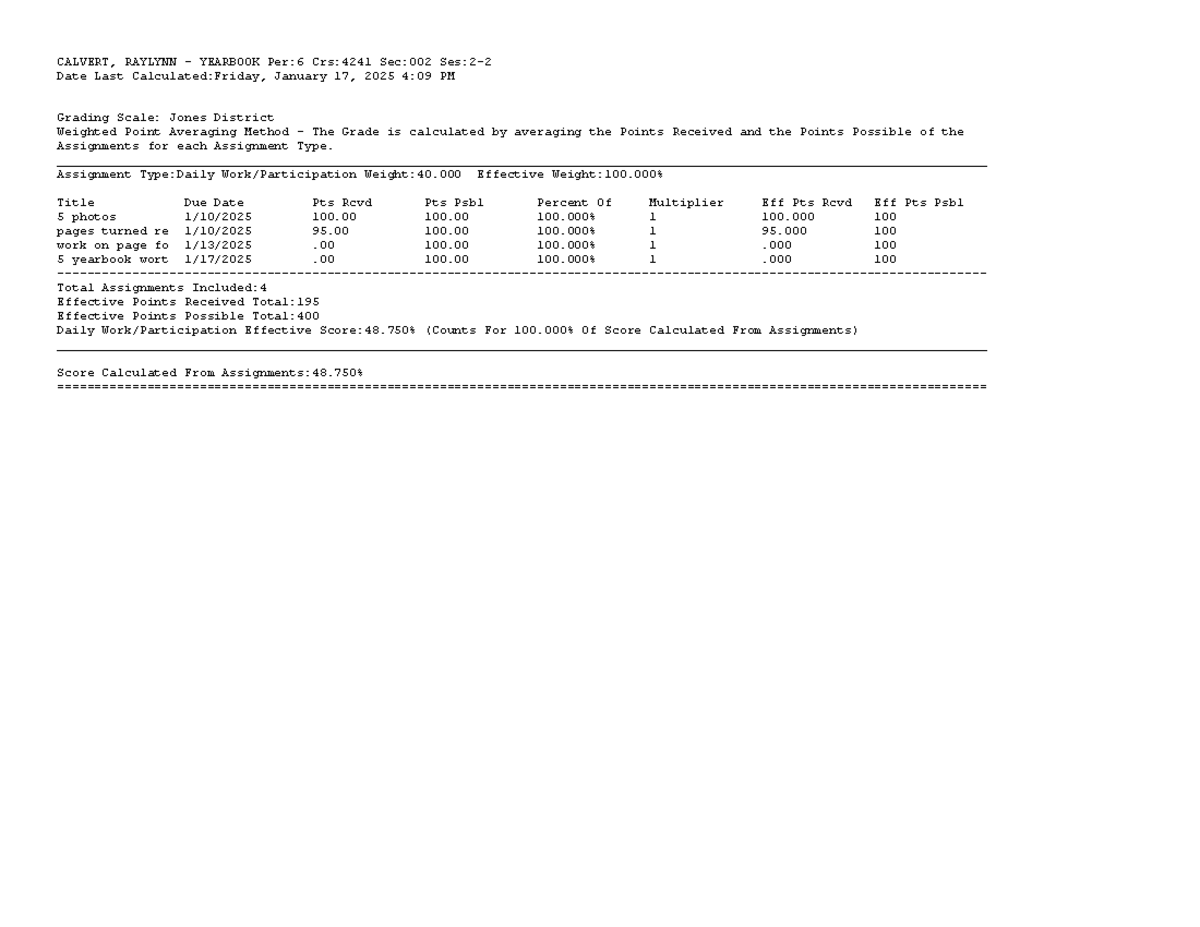 Grade Calculation Details - CALVERT, RAYLYNN - YEARBOOK Per:6 Crs:4241 ...