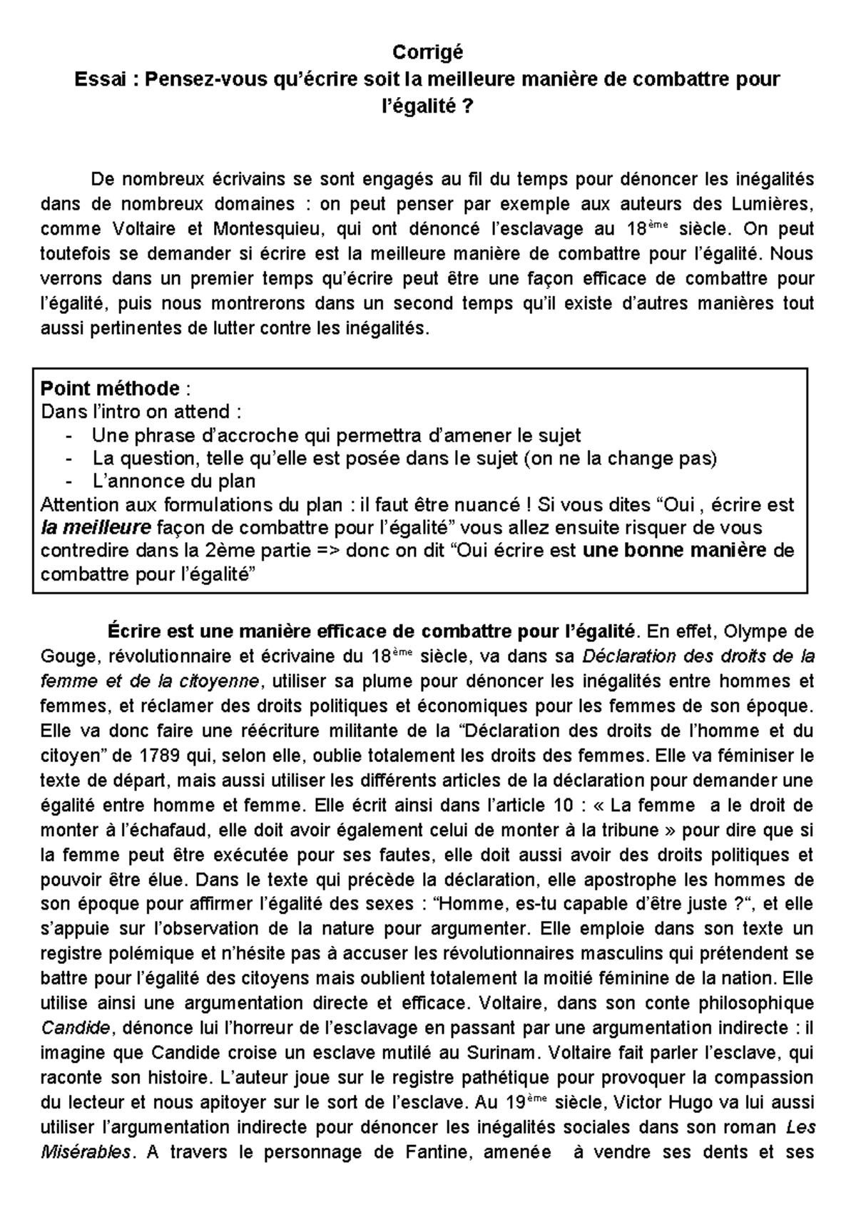 Corrigé de l'Essai : L'Écriture comme Lutte pour l'Égalité - Studocu