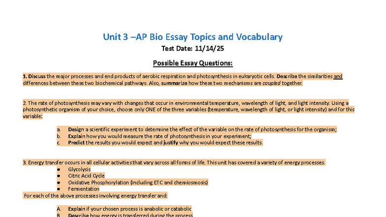 AP Bio Unit 3 Study Guide: Essay Topics & Key Vocabulary - Studocu