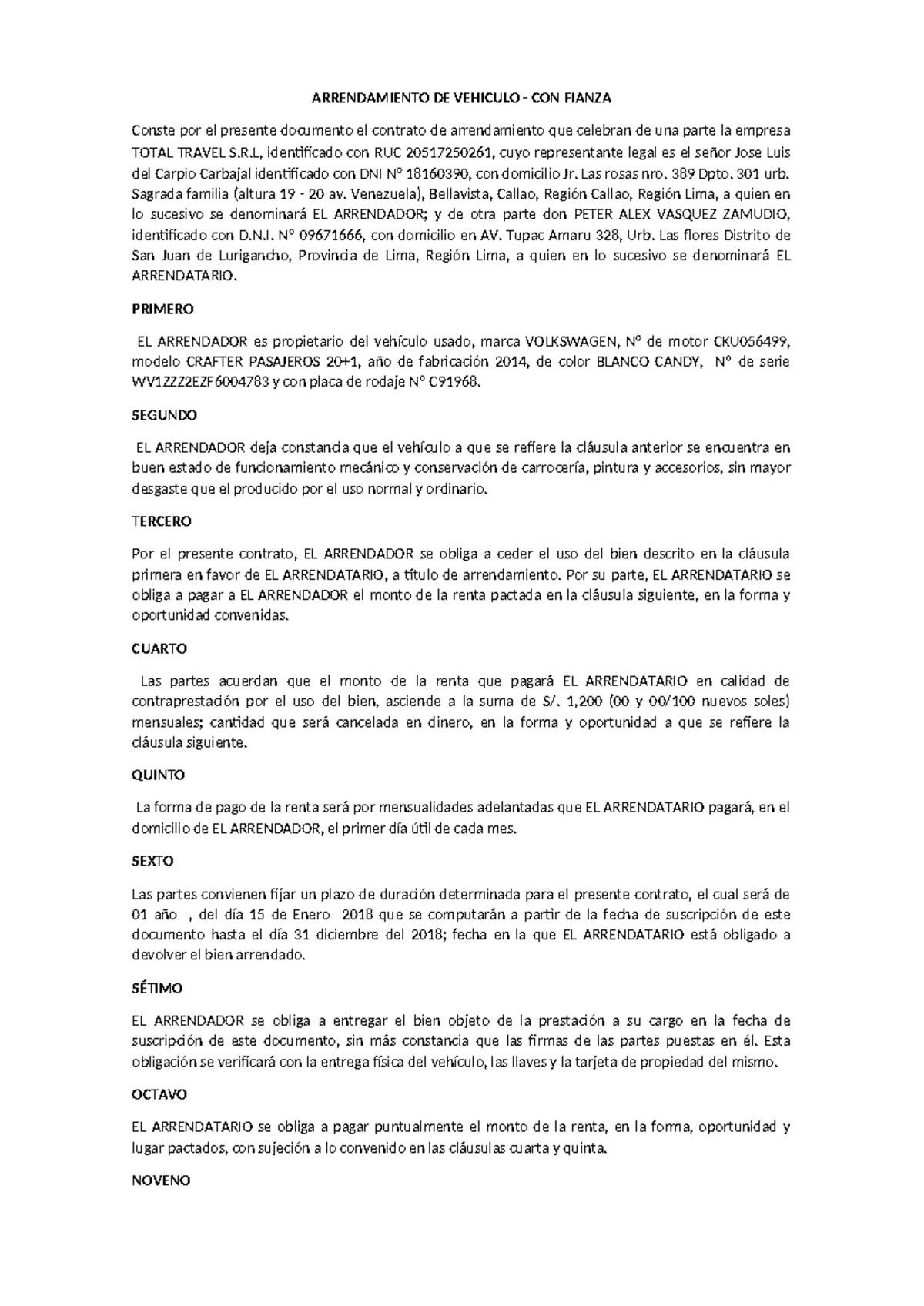 Arrendamiento DE Vehiculo - ARRENDAMIENTO DE VEHICULO - CON FIANZA ...