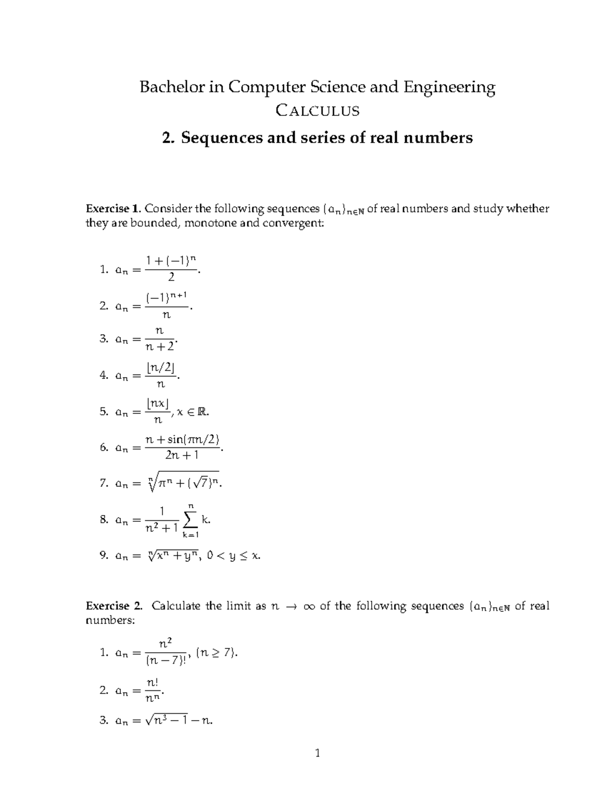 Calculus 2 (CSE) - Sequences, Series, and Limits Exercises - Studocu