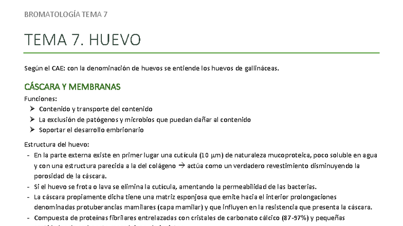 BROMATOLOGÍA TEMA 7: Estructura y Funciones del Huevo - Studocu