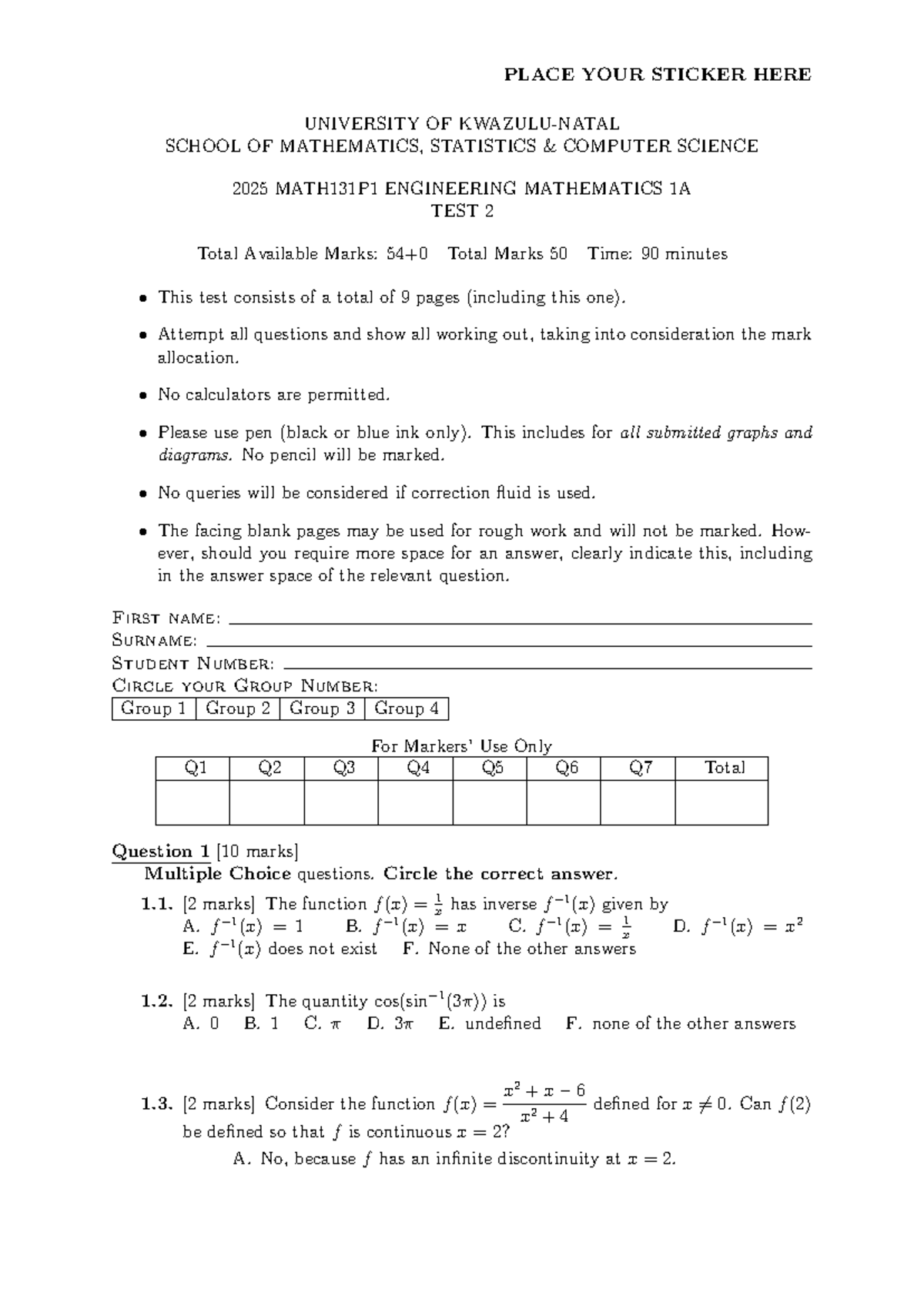 MATH131P1 Engineering Mathematics 1A Test 2 - 2025 - Studocu