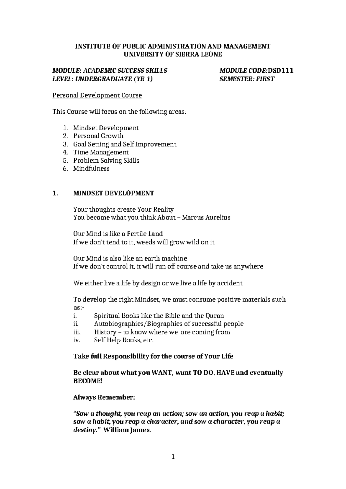 Personal Development Course (ACAD 101) - Academic Success Skills Notes ...