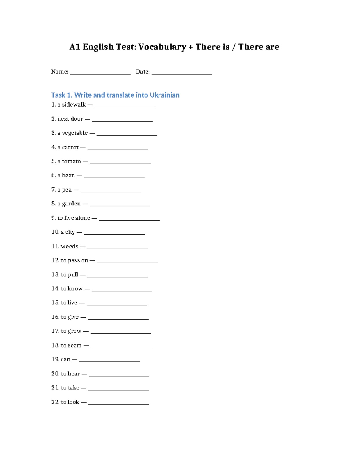 A1 English Test: Vocabulary Practice and Translation - Studocu