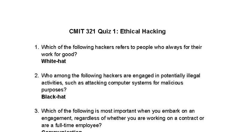 CMIT 321 Quiz 1: Ethical Hacking Concepts and Questions - Studocu
