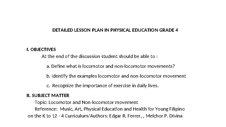 DETAILED LESSON PLAN: LOCOMOTOR MOVEMENTS IN PE GRADE 4 - Studocu