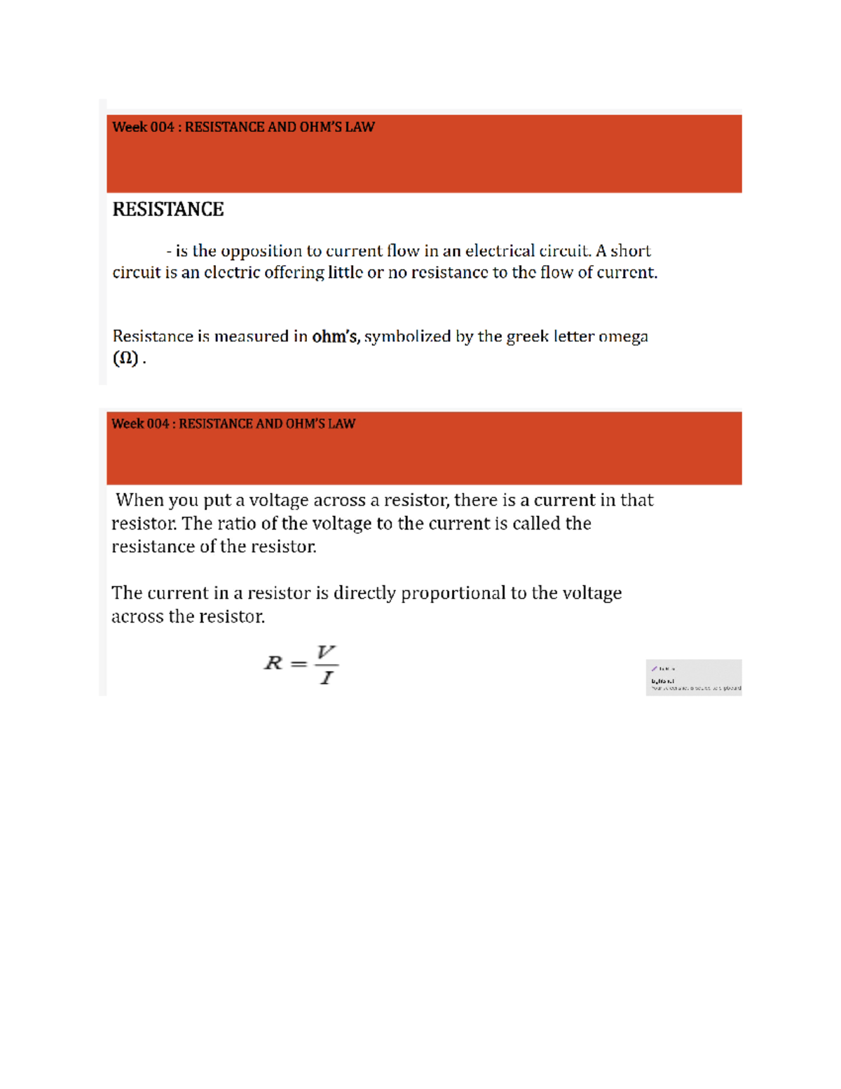 OHMS FRACTUREE OK - Week 004 : RESISTANCE AND LAW RESISTANCE is the ...