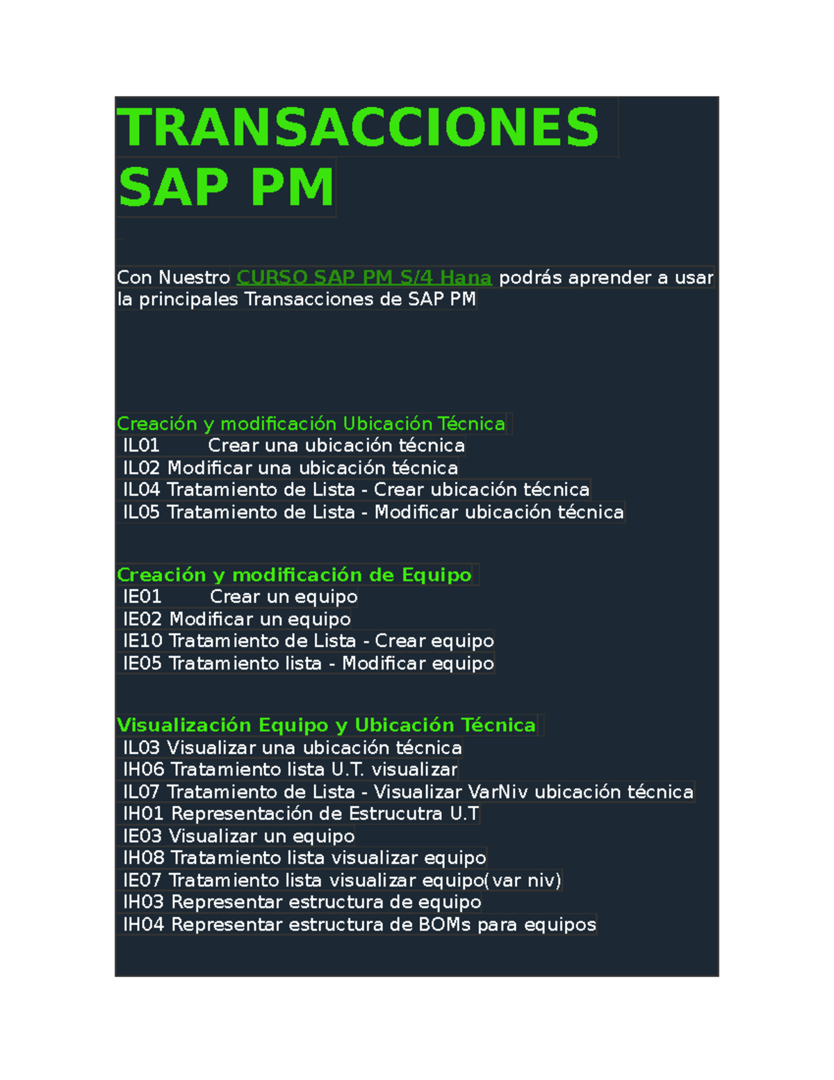 Transacciones Clave en SAP PM para S/4 Hana: Comprendiendo el Uso - Studocu