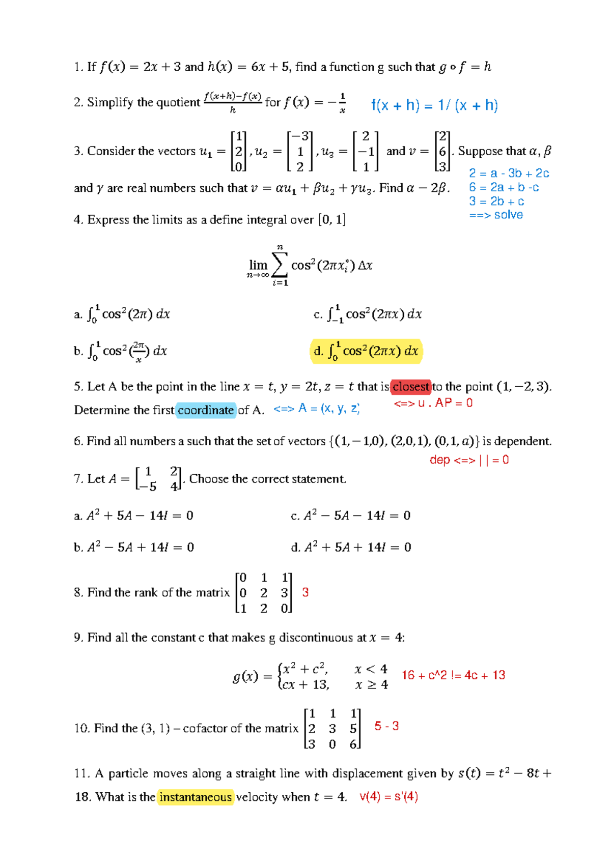 Review for Final Exam in Math 101: Function Analysis and Limits - Studocu