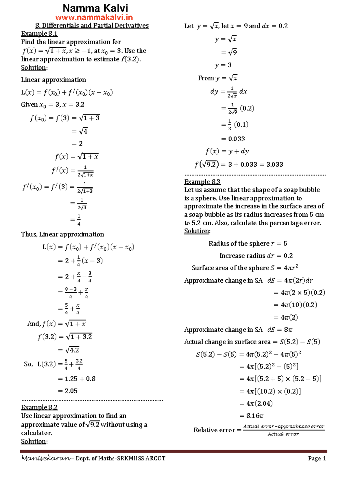 Namma Kalvi 8: Linear Approximation and Differentials Examples - Studocu