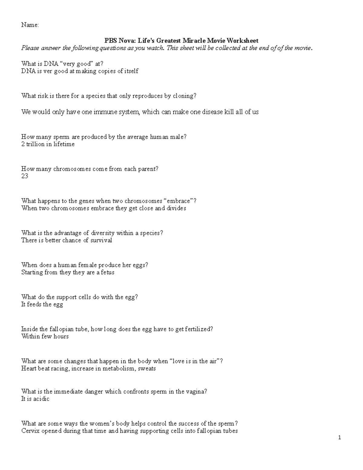 PBS NOVA: Life's Greatest Miracle Worksheet Questions Guide - Studocu