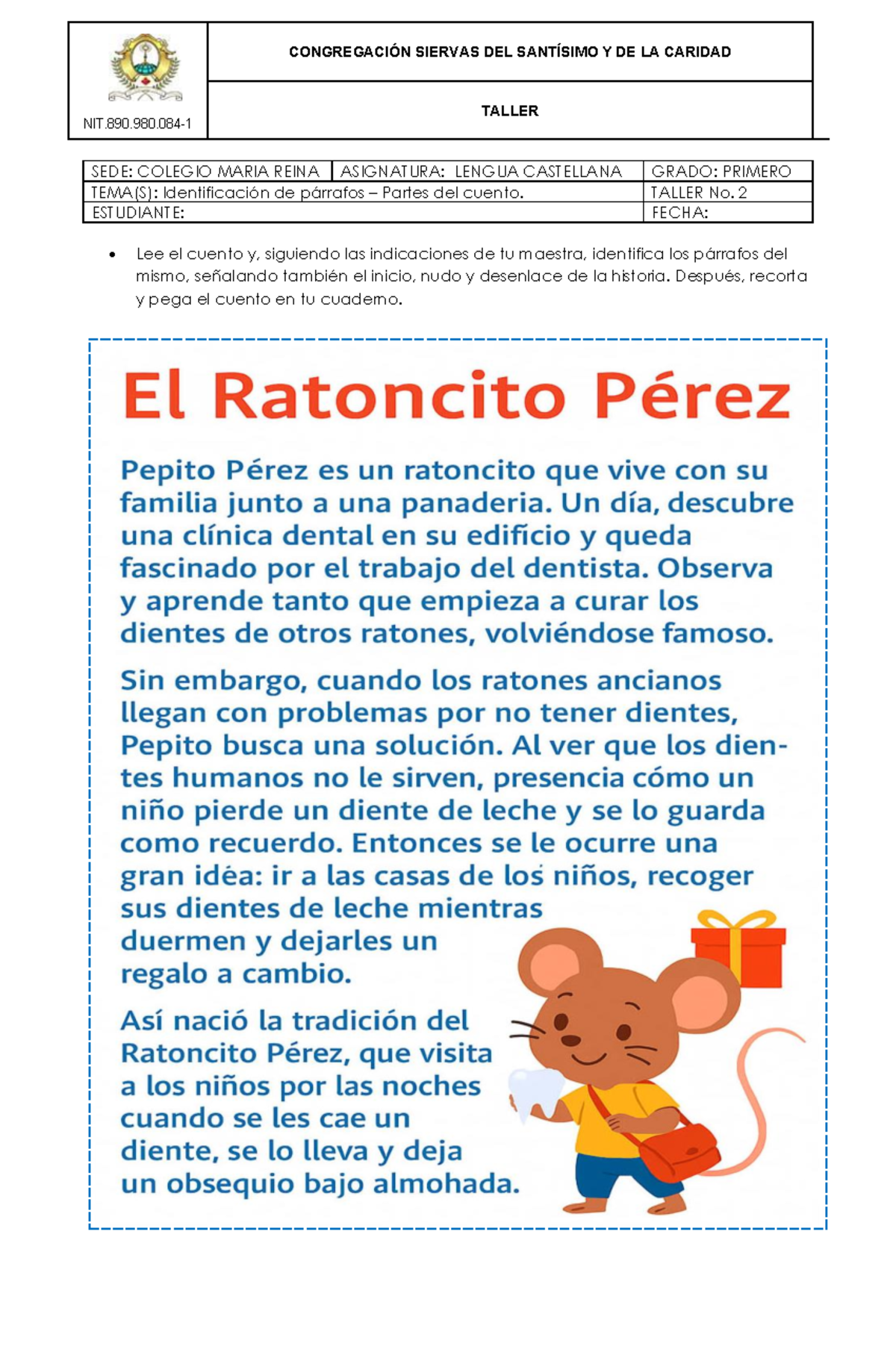 Lengua el ratoncito perez - lenguaje - NIT.890.980- 1 CONGREGACIÓN ...