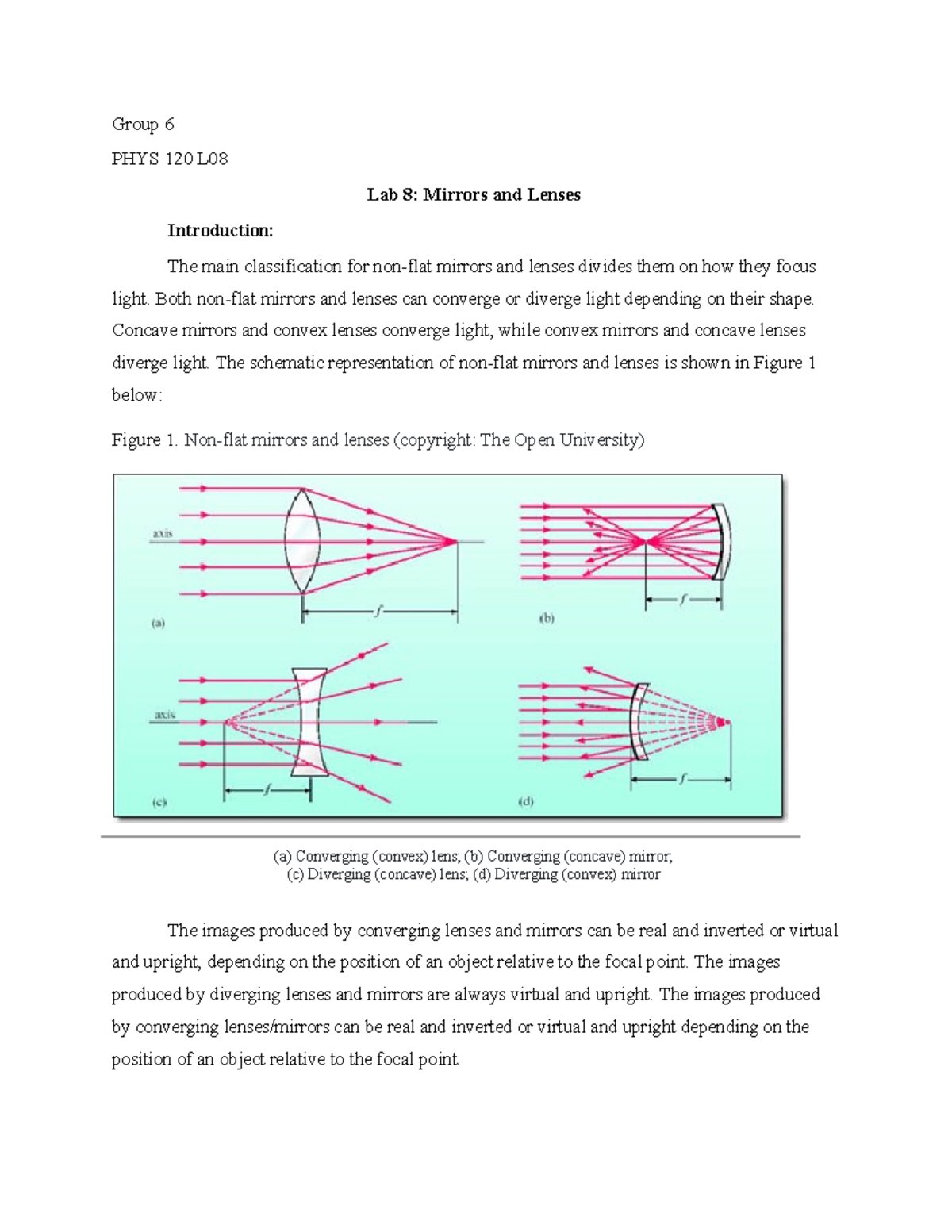 Lab 8 Mirrors and Lenses - Group 6 PHYS 120 L Lab 8: Mirrors and Lenses ...