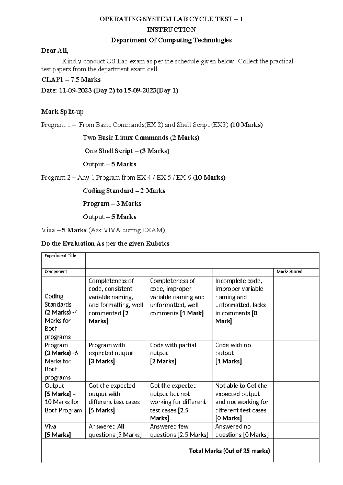 Operating Systems LAB Cycle Test 1 Marks Distribution and Guidelines ...