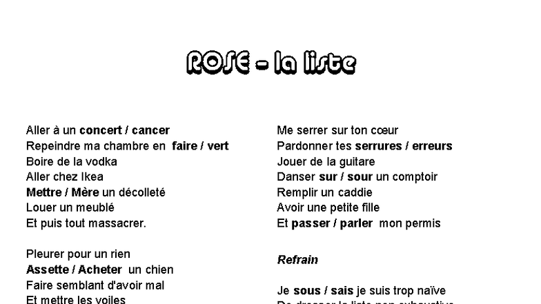 Chanson: La Liste - ROSE (Analyse et Interprétation) - Studocu