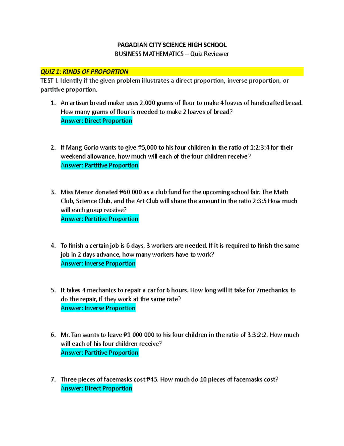 Business Math Quiz Reviewer: Proportion, Profit, and Interest Concepts ...