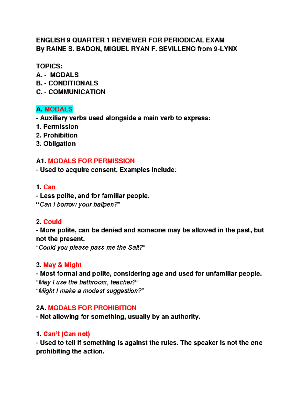 English 9 Q1 Reviewer for Periodical Exam: Modals & Conditionals Guide ...